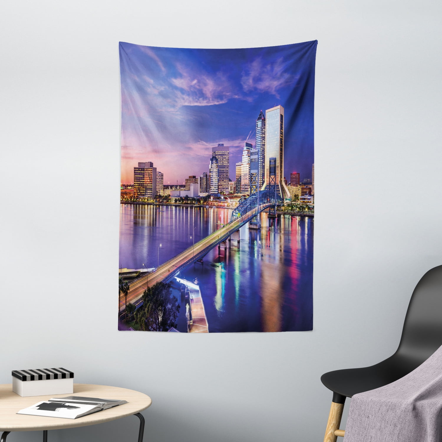 United States Tapestry, Jacksonville Florida Skyline Vibrant Night St ...
