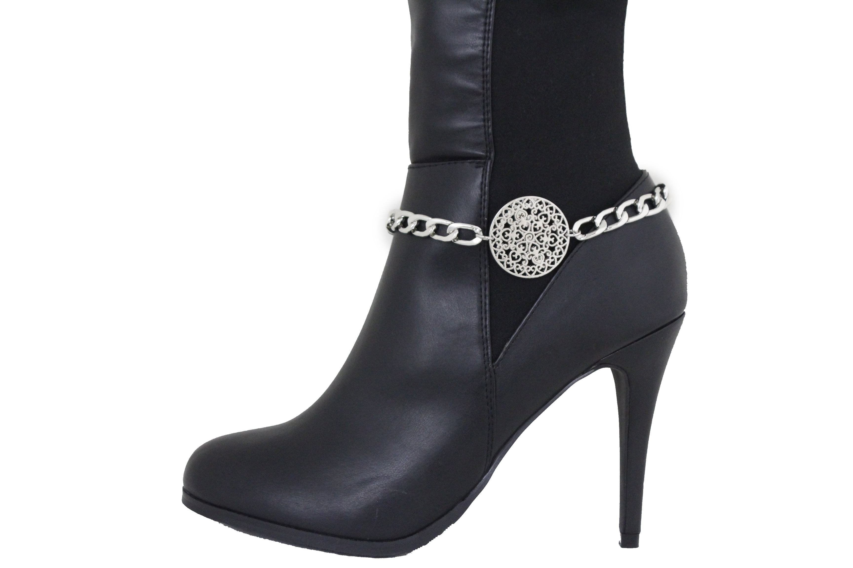 Women Silver Metal Boot Chain Bracelet Fashion Jewelry Heart Coin ...