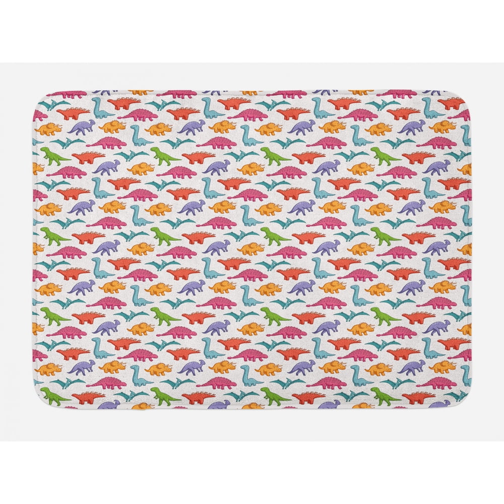 Dinosaur Bath Mat, Variety of Dinosaurs in Colorful Cartoon Style Cute ...