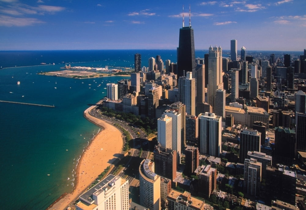 Aerial view of Oak Street Beach and Gold Coast skyline Chicago Cook ...