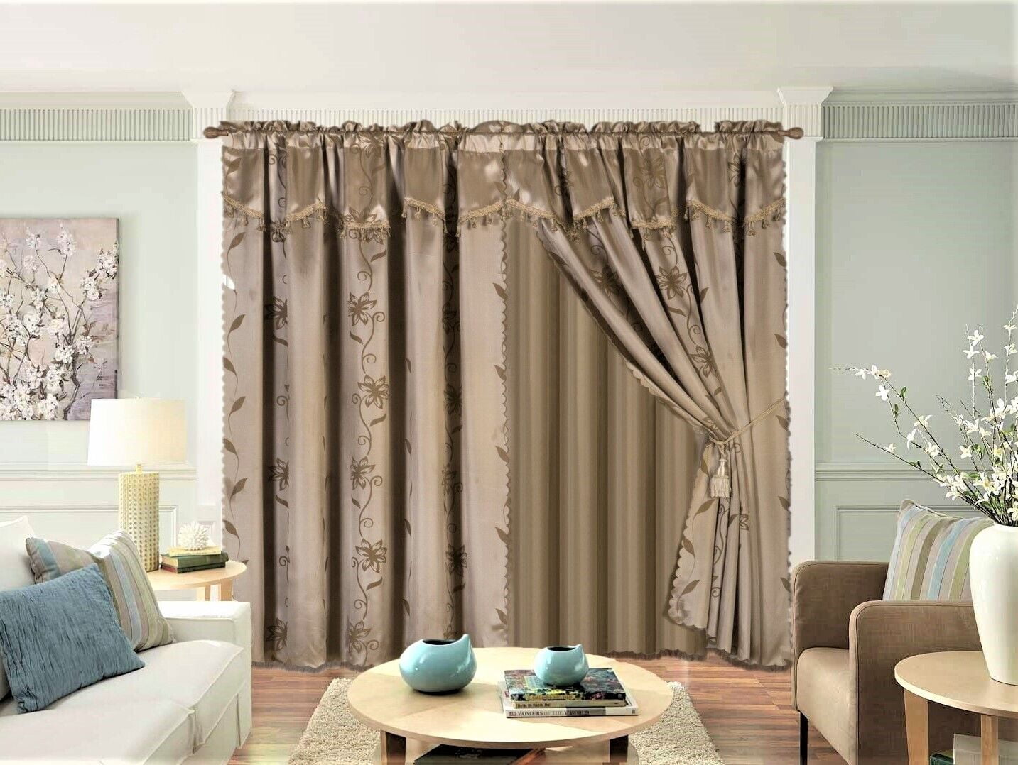 8-Piece Taupe color Nada Luxury Faux Silk Floral Design Panels, valance ...