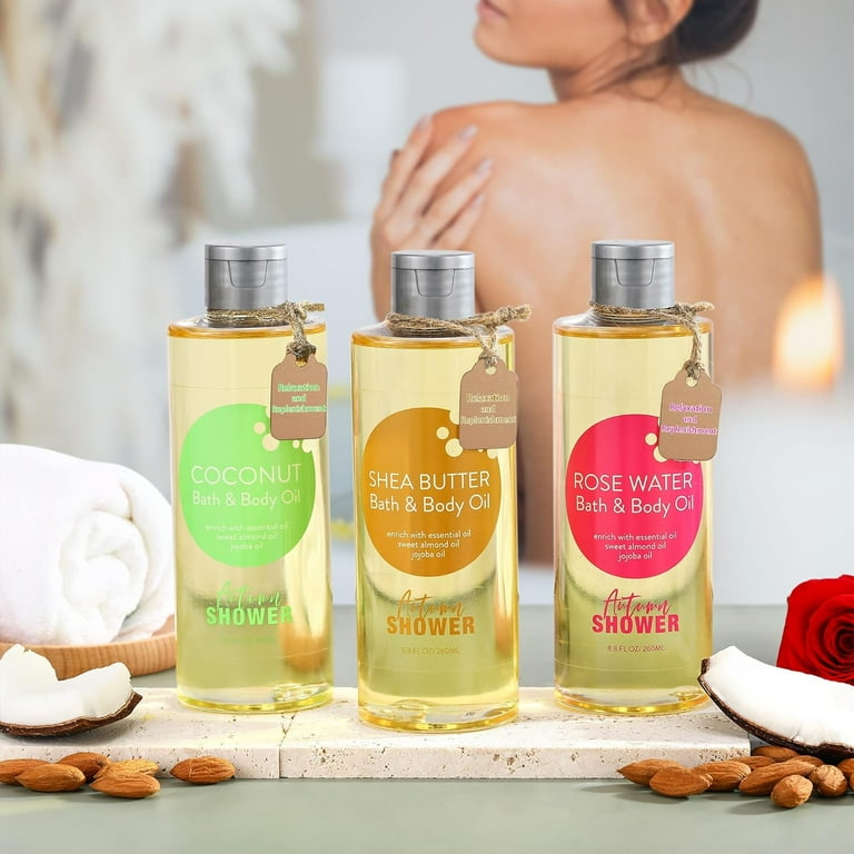 Bath and Body Oil with Sweet Almond Oil Shea Butter Rose Water Coconut Bath Oils Gift Sets for Women Multiuse Oil for Hair Dry Skin 26.4 fl