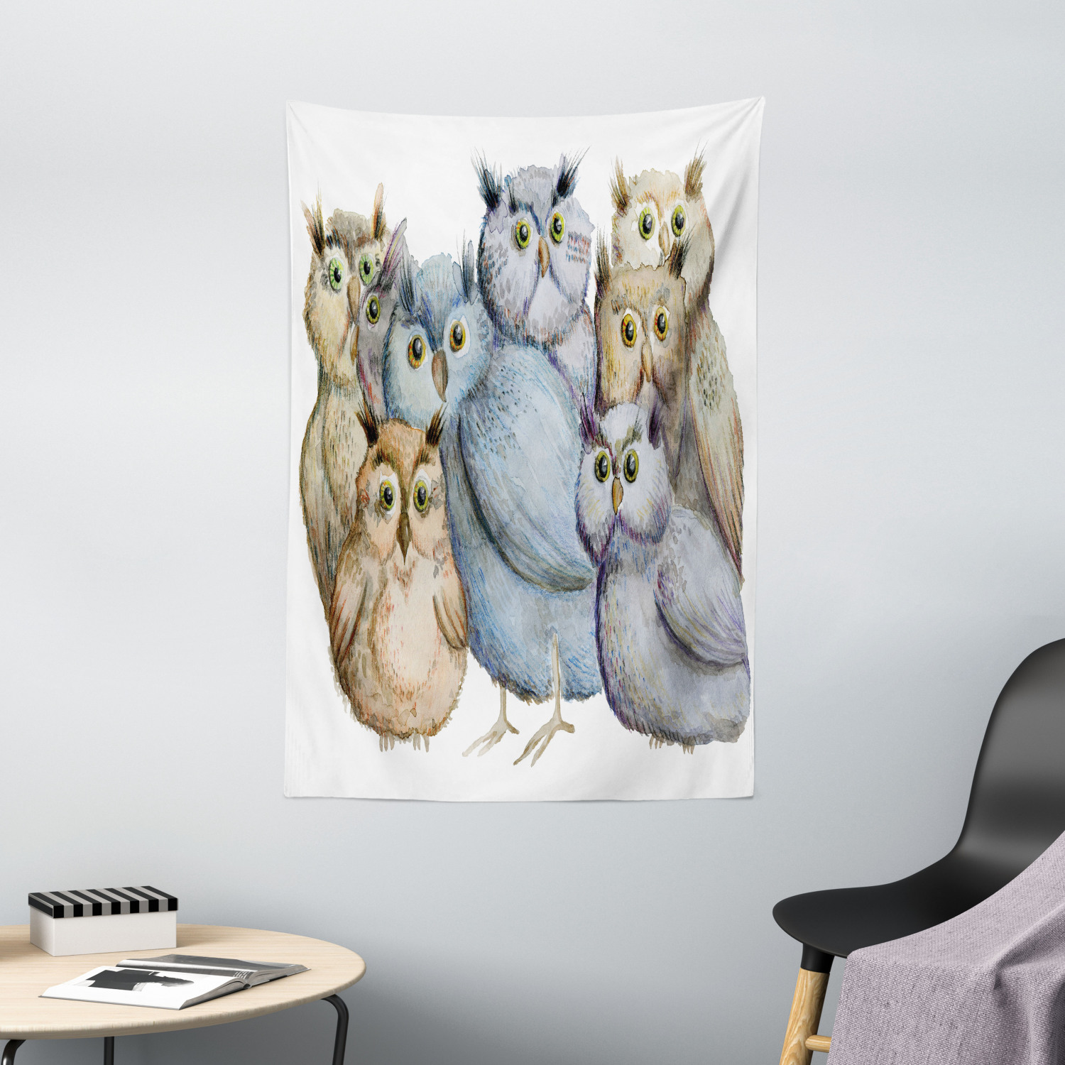 Owl Tapestry, Watercolor Hand Drawn Cute Owl Family Portrait Artistic ...