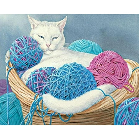 Jinveno Full Cross Stitch Cat Play String Ball Kit Cotton Stamped ...