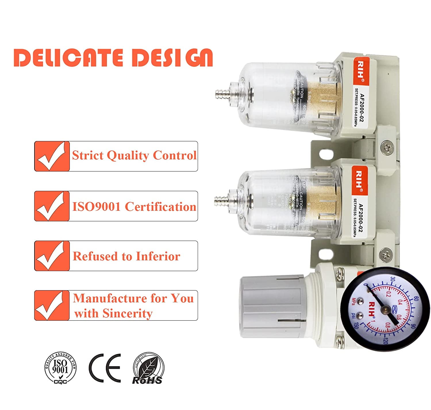 Buy RIH Pneumatics 1/4 NPT Compressed Air Double Filter & Regulator ...