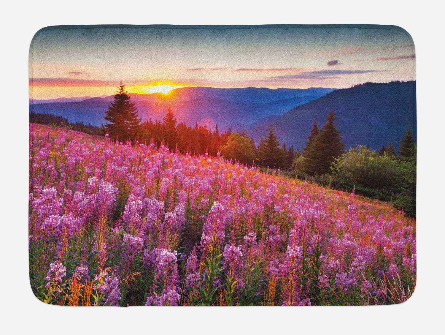 Countryside Bath Mat, Idyllic Spring Meadow on the Mountains with ...