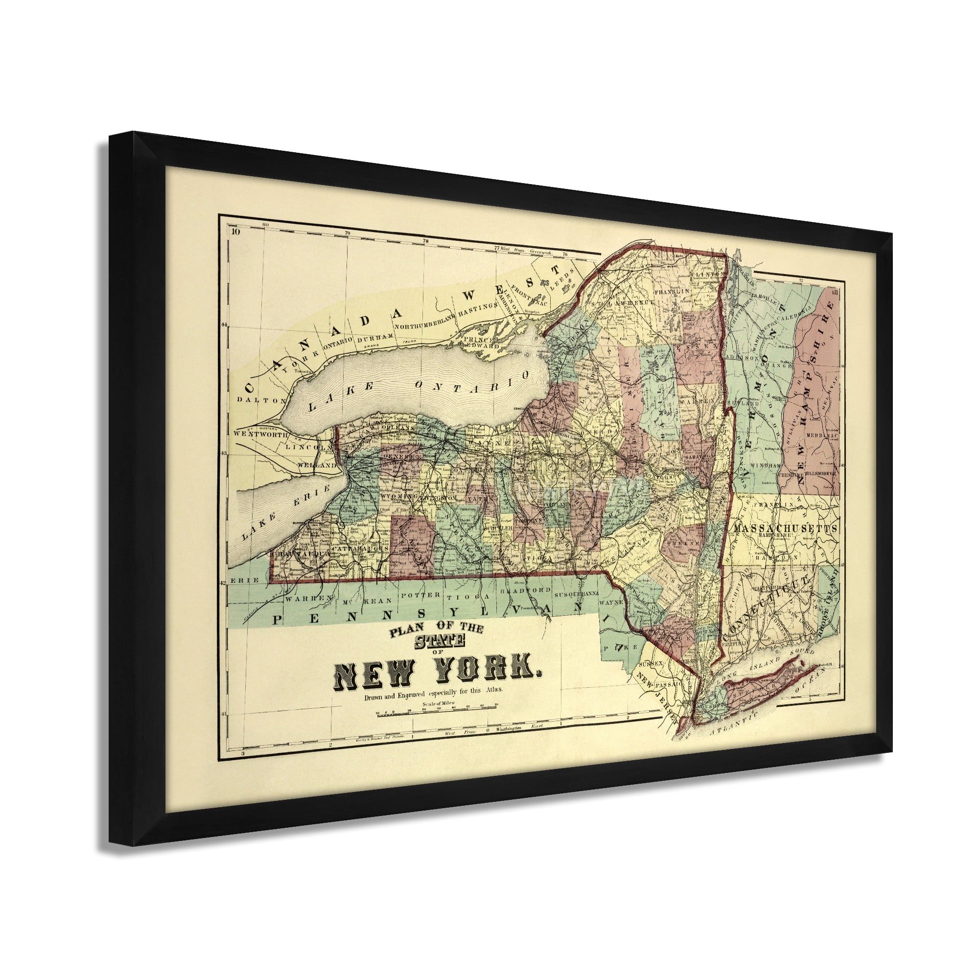 1875 New York Map - Framed Vintage Map of New York - Old Map of NY ...