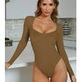 Reoria Women Square Neck Bodysuit Sexy Long Sleeve Ribbed Corset Tops
