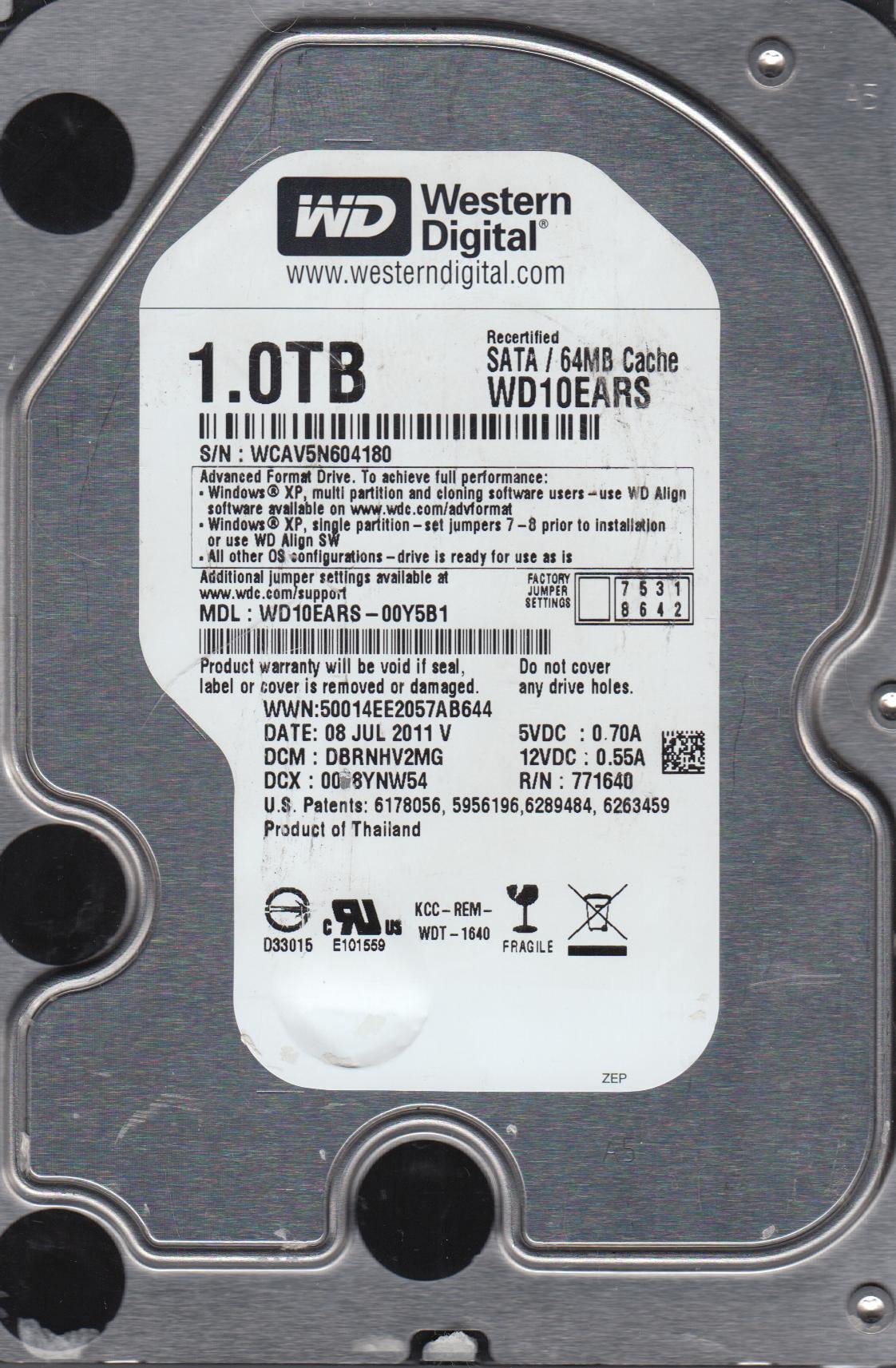 WD10EARS-00Y5B1, DCM DBRNHV2MG, Western Digital 1TB SATA 3.5 Hard Drive ...