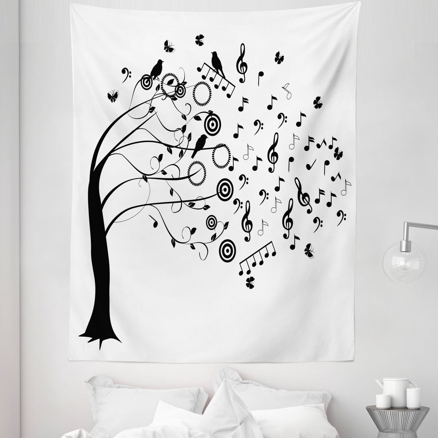 Music Note Tapestry, Layout of Flowing Motifs Off of a Tree with Birds ...
