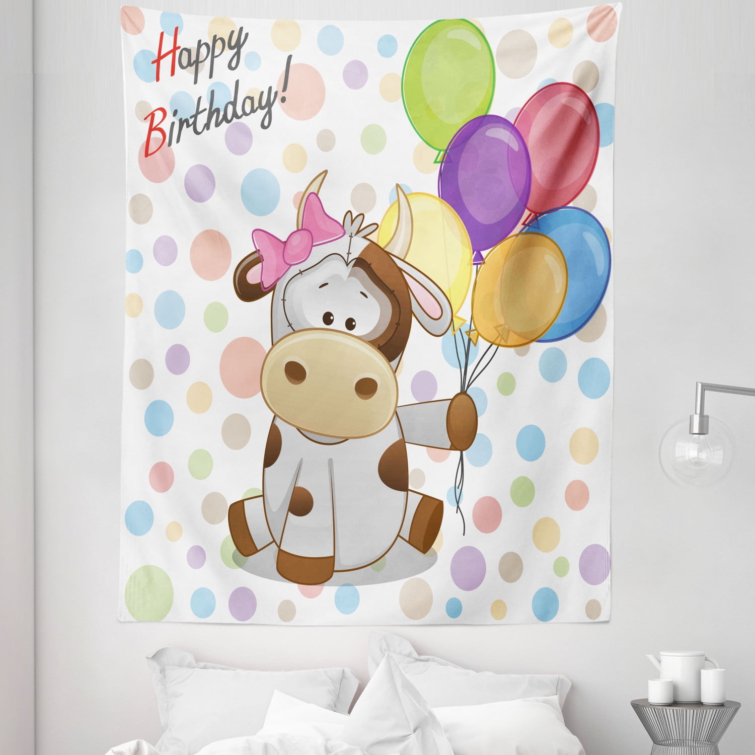 Birthday Tapestry, Cow Animal and Colorful Balloons on Abstract Polka ...