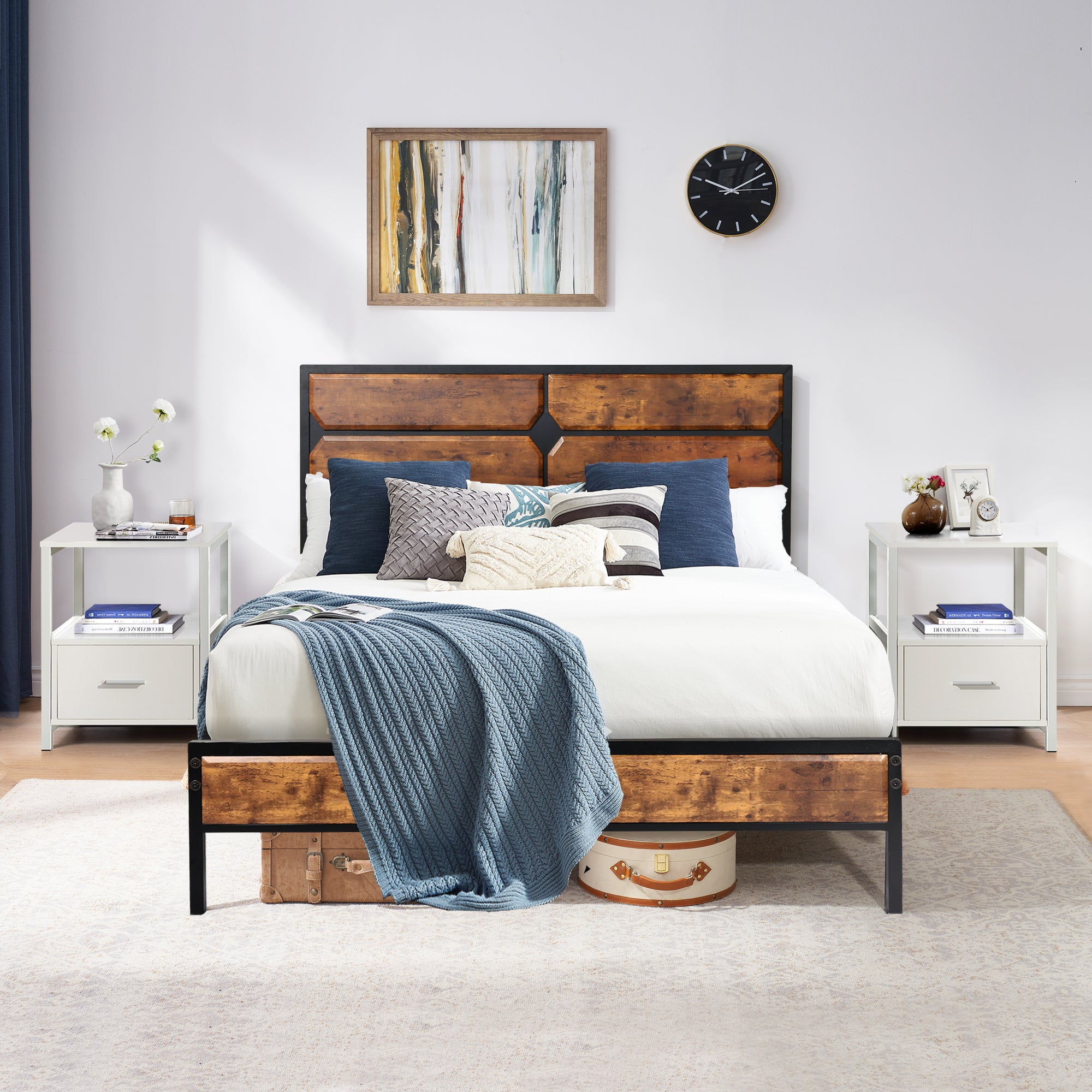 VECELO Queen Size Bedroom Set, Platform Bed Frame and 2 Nightstands ...