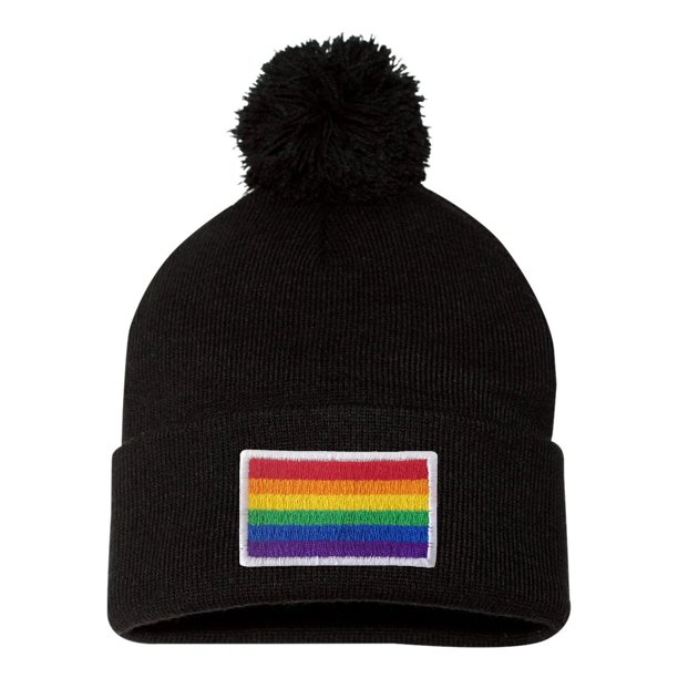 Adult Rainbow Gay & Lesbian Pride Flag Embroidered Knit Beanie Pom Cap ...