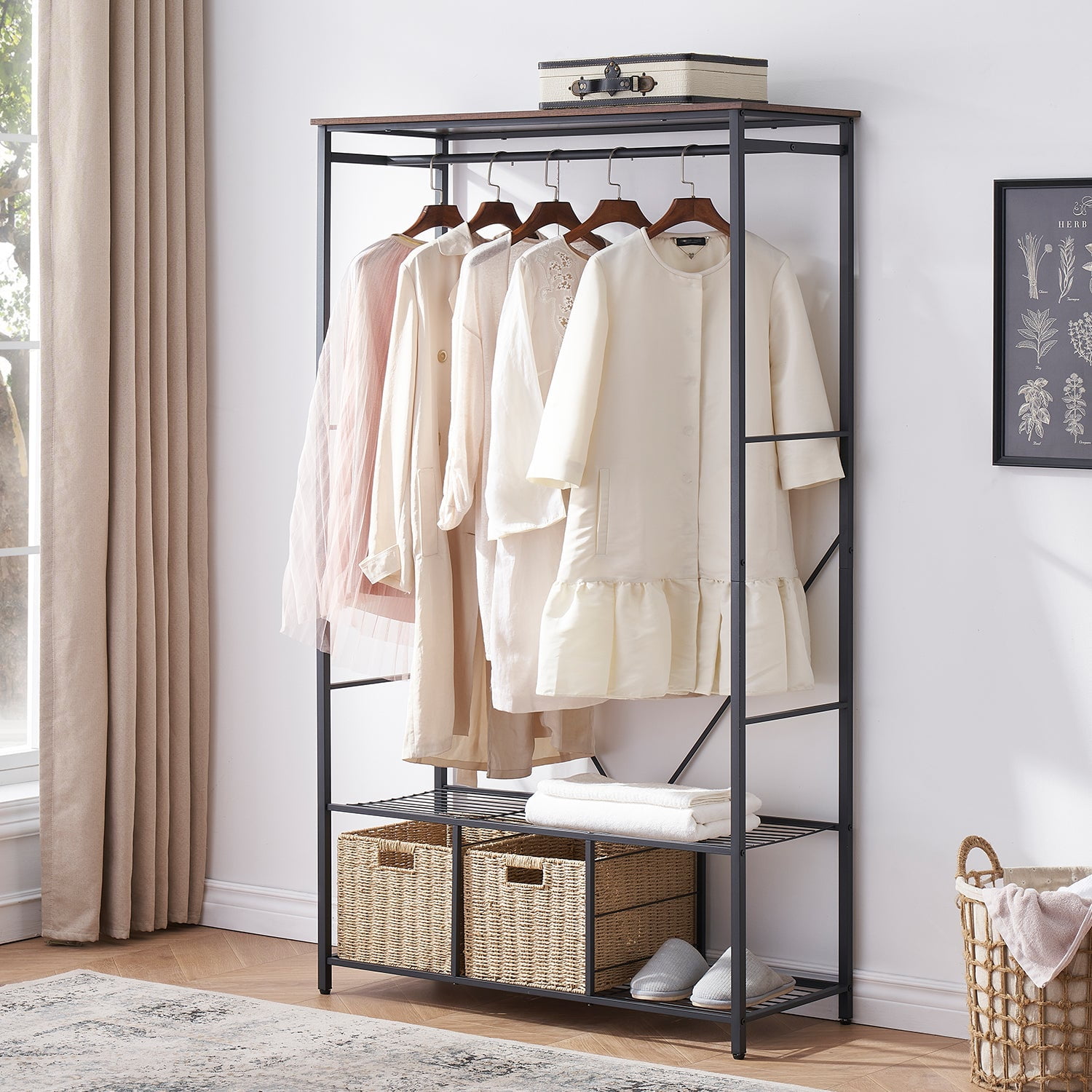 VECELO Freestanding Metal Garment Rack Wardrobe Organizer with 2 ...