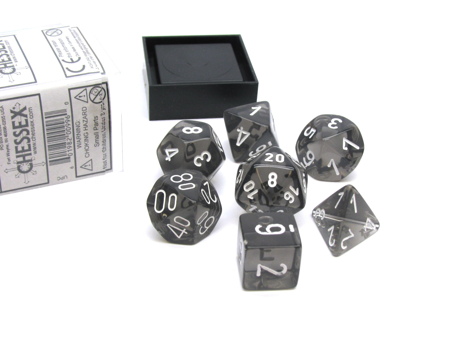 Polyhedral 7 Die Translucent Chessex Dice Set Smoke With White Numbers