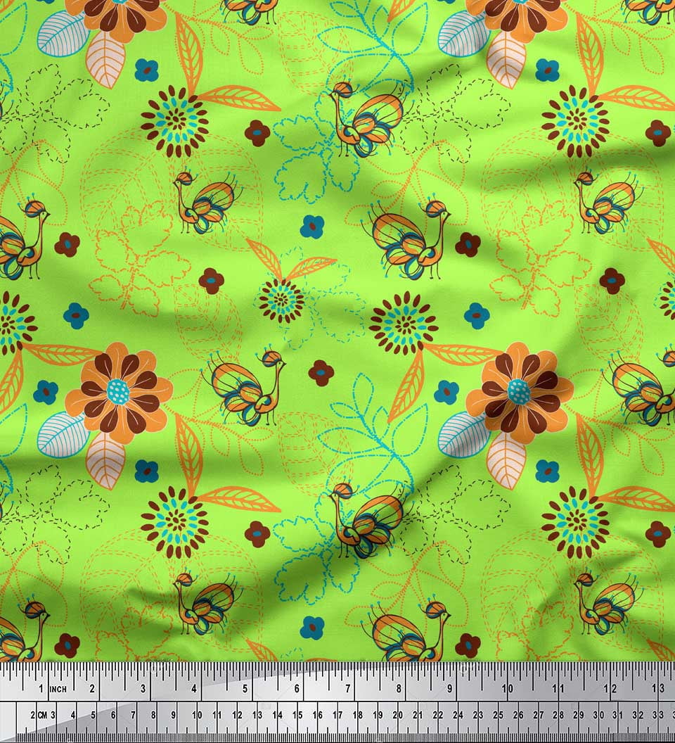 Soimoi Rayon Fabric Leaves,Floral & Peacock Hand Drawn Print Fabric by ...