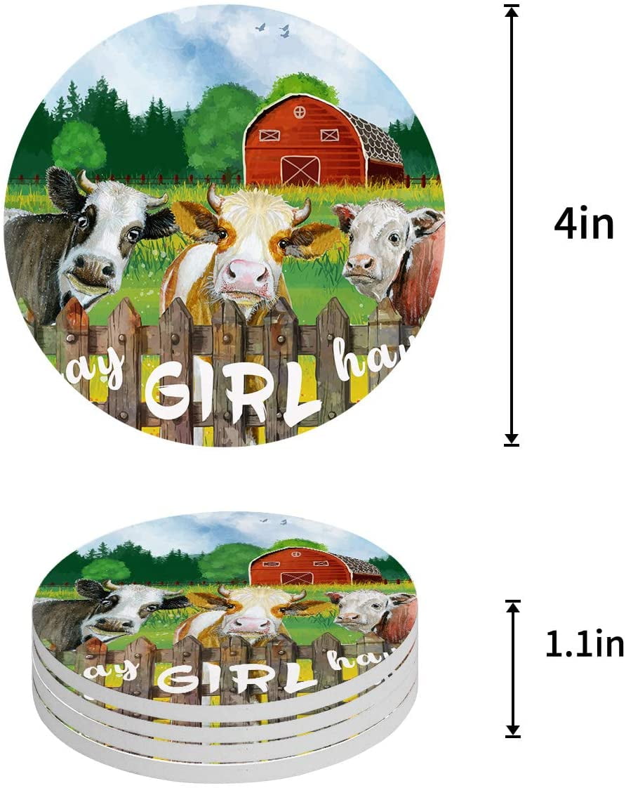 FMSHPON Hay Girl Hay Cattle Farm Style Set of 4 Round Coaster for ...