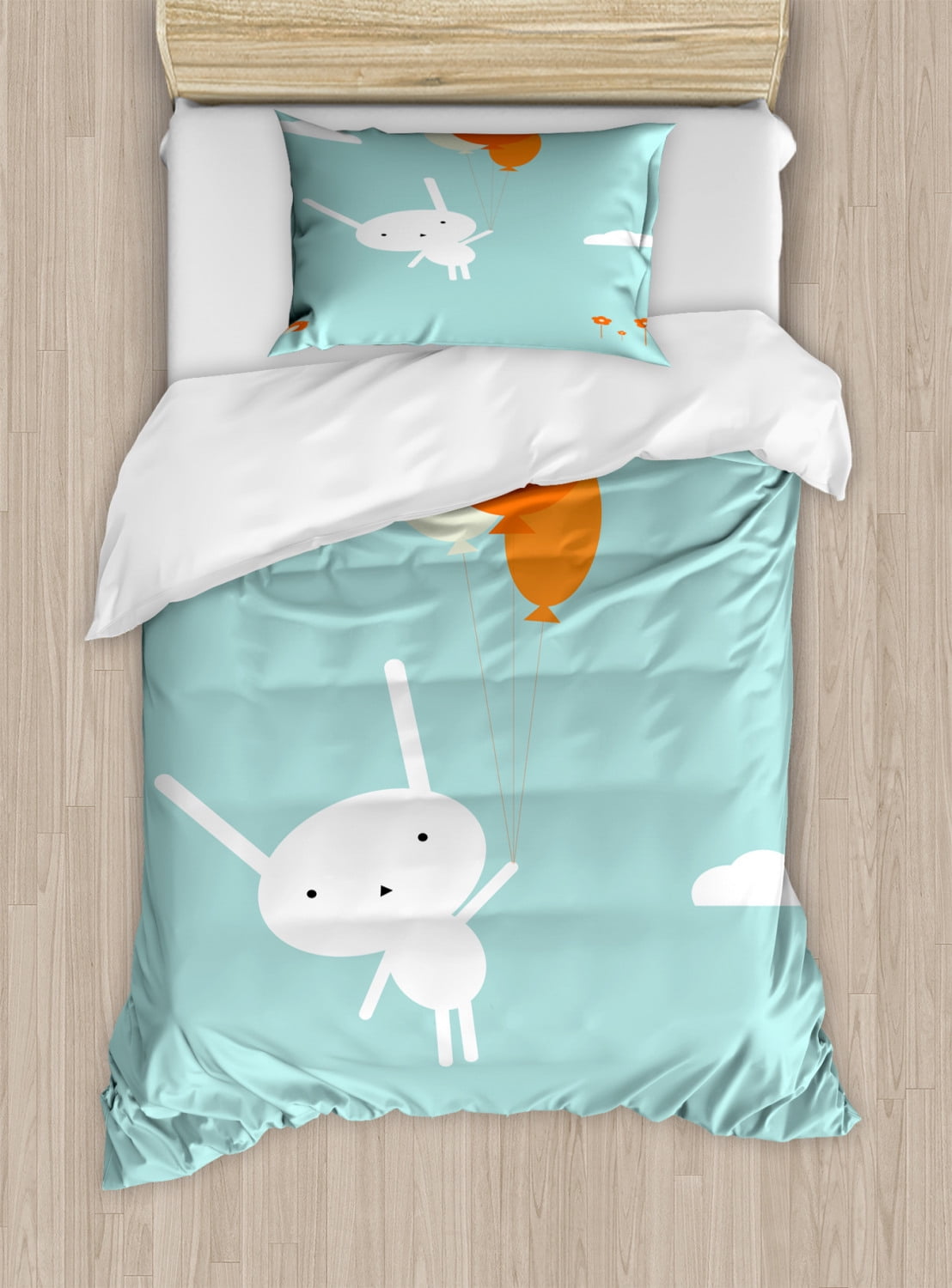 Bunny Duvet Cover Set Twin Size, White Rabbit Holding Balloons Flying ...