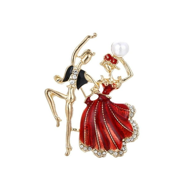 Prince Princess Dancing Couple Brooch Rhinestones Pearl Decorative Red ...