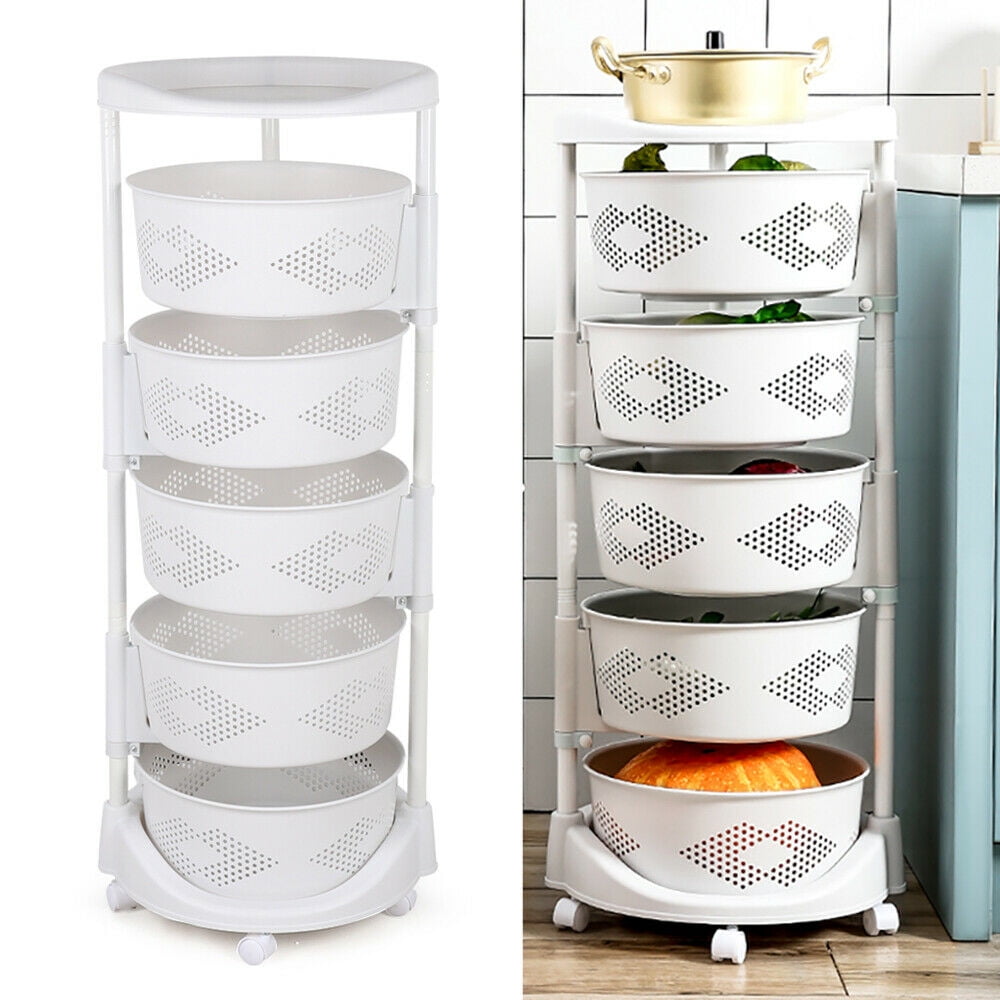 Multi-Layer Rotatable Baskets Kitchen Rack Rolling Storage Cart White ...