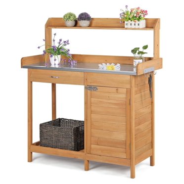 Dextrus Large Outdoor Potting Bench Table, Wooden Storage Cabinet with ...