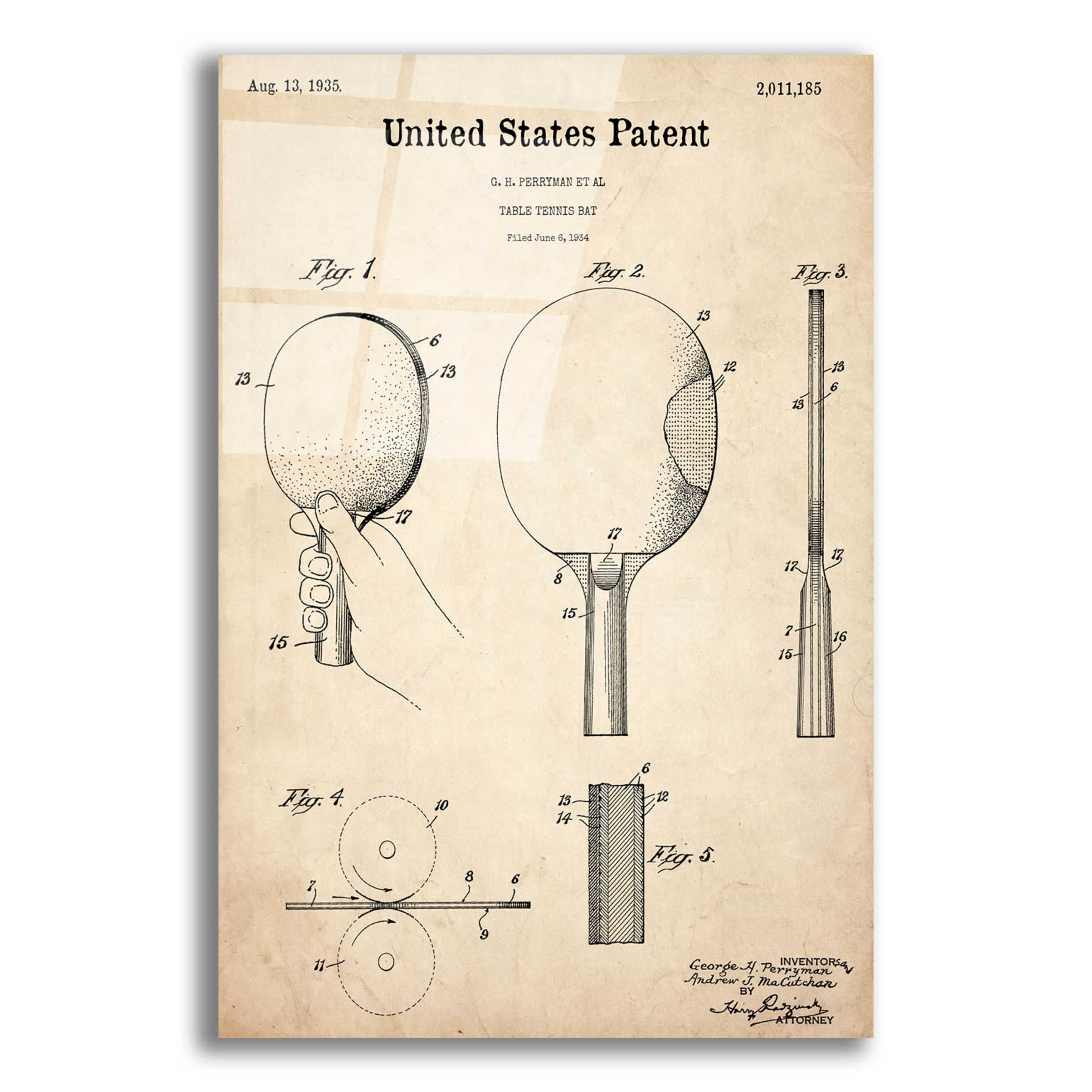 Epic Art 'Table Tennis Paddle Blueprint Patent Parchment,' Acrylic ...