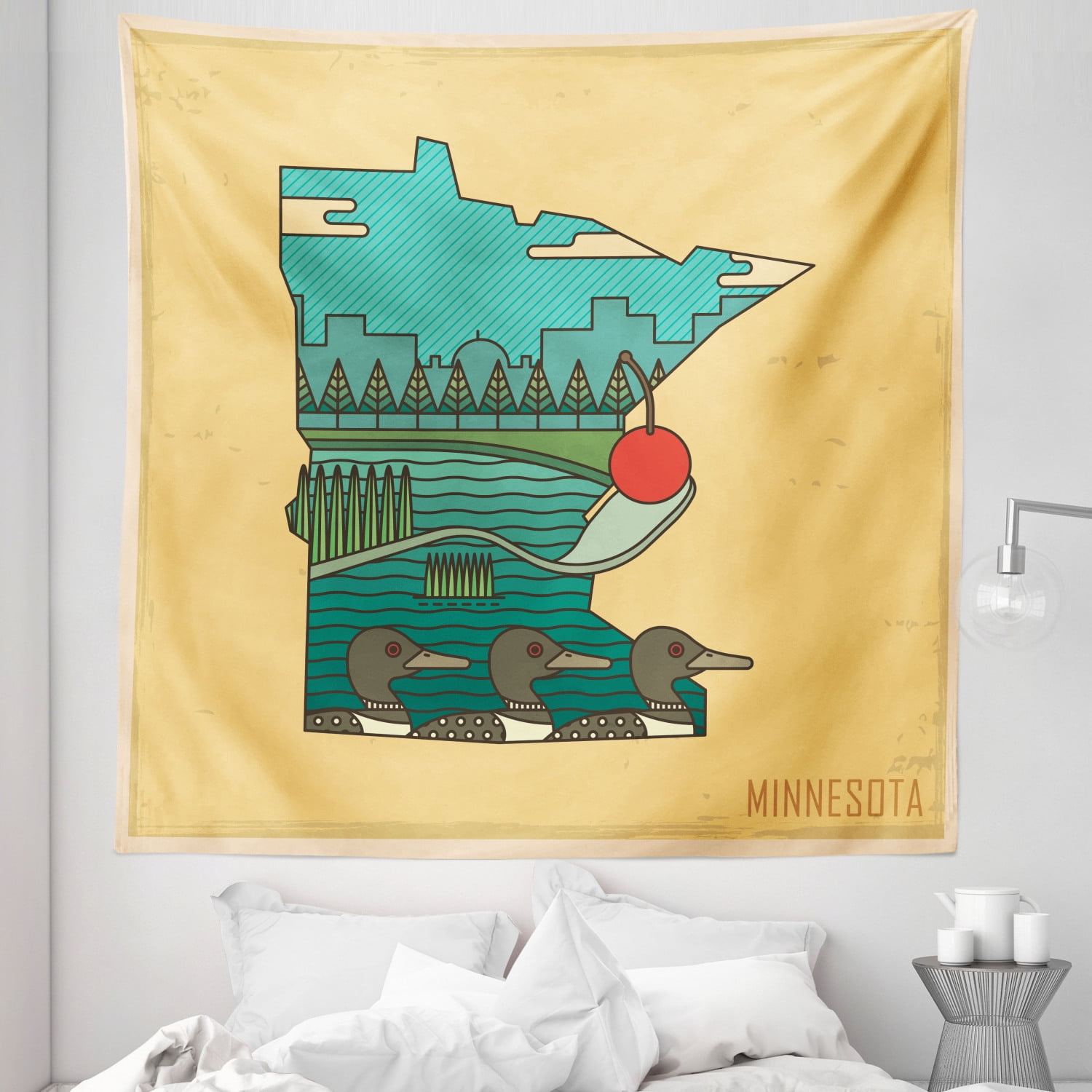 Minnesota Tapestry, Doodle Minnesota State Map Superimposed with Ducks ...
