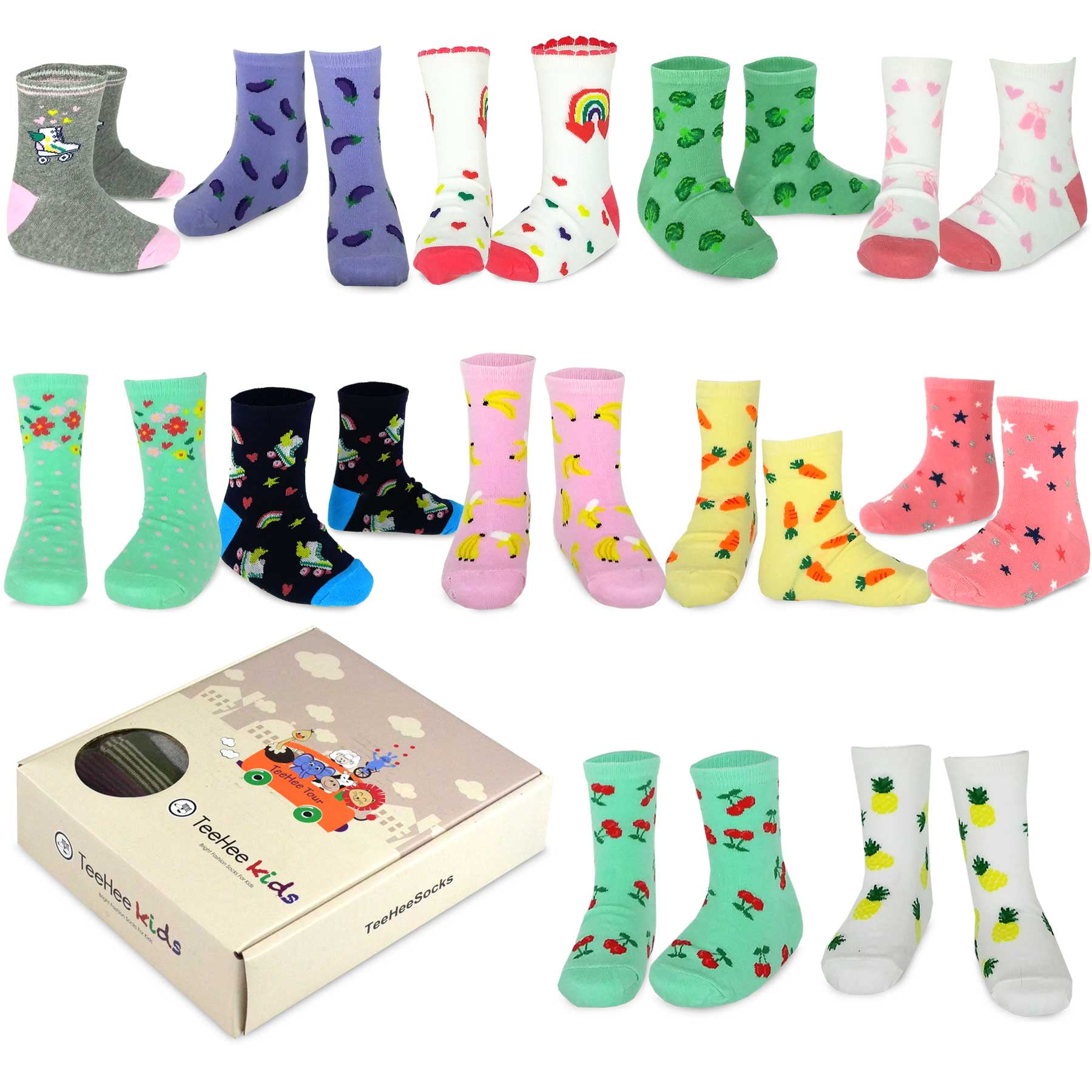 TeeHee Kids Girls Cotton Basic Crew Socks 12 Pair Pack (3-5 Years, Fun ...