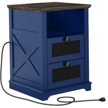 Farmhouse Nightstand, Rustic Blue Night Stand with 2 Drawers, End Table ...