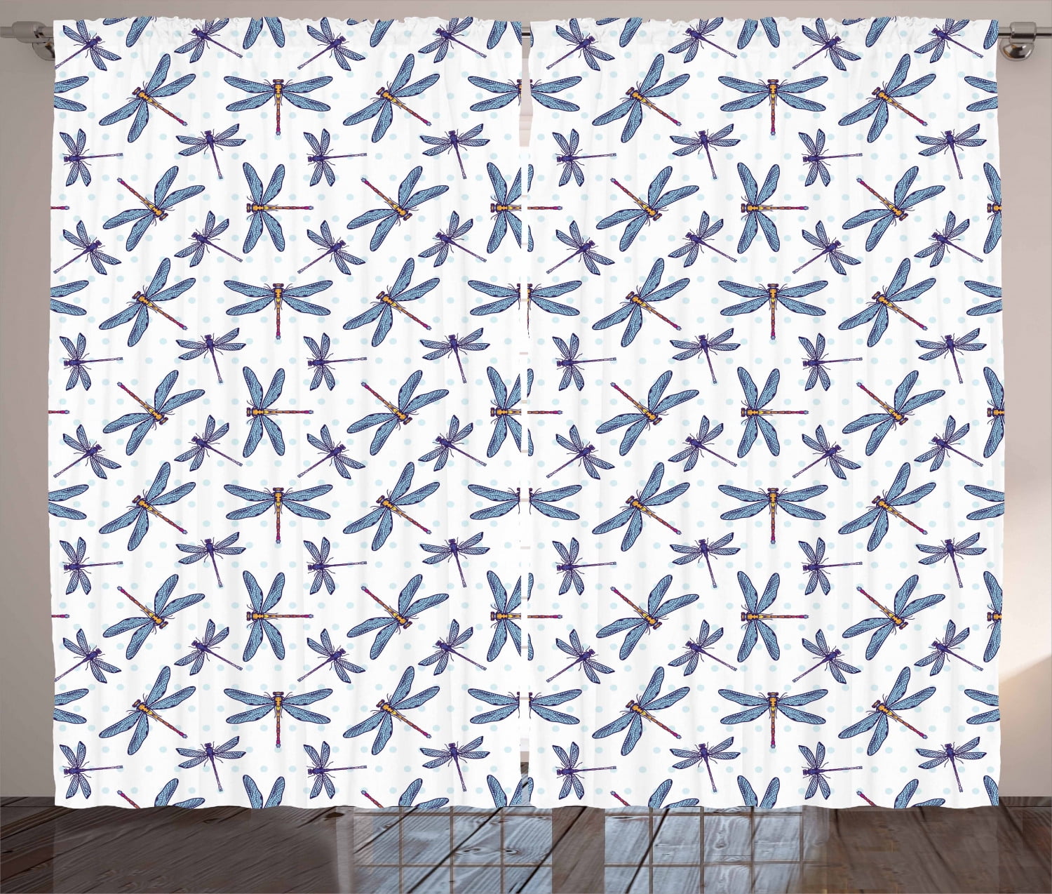 Dragonfly Curtains 2 Panels Set, Hand Drawn Bugs Pattern on Pale Blue ...