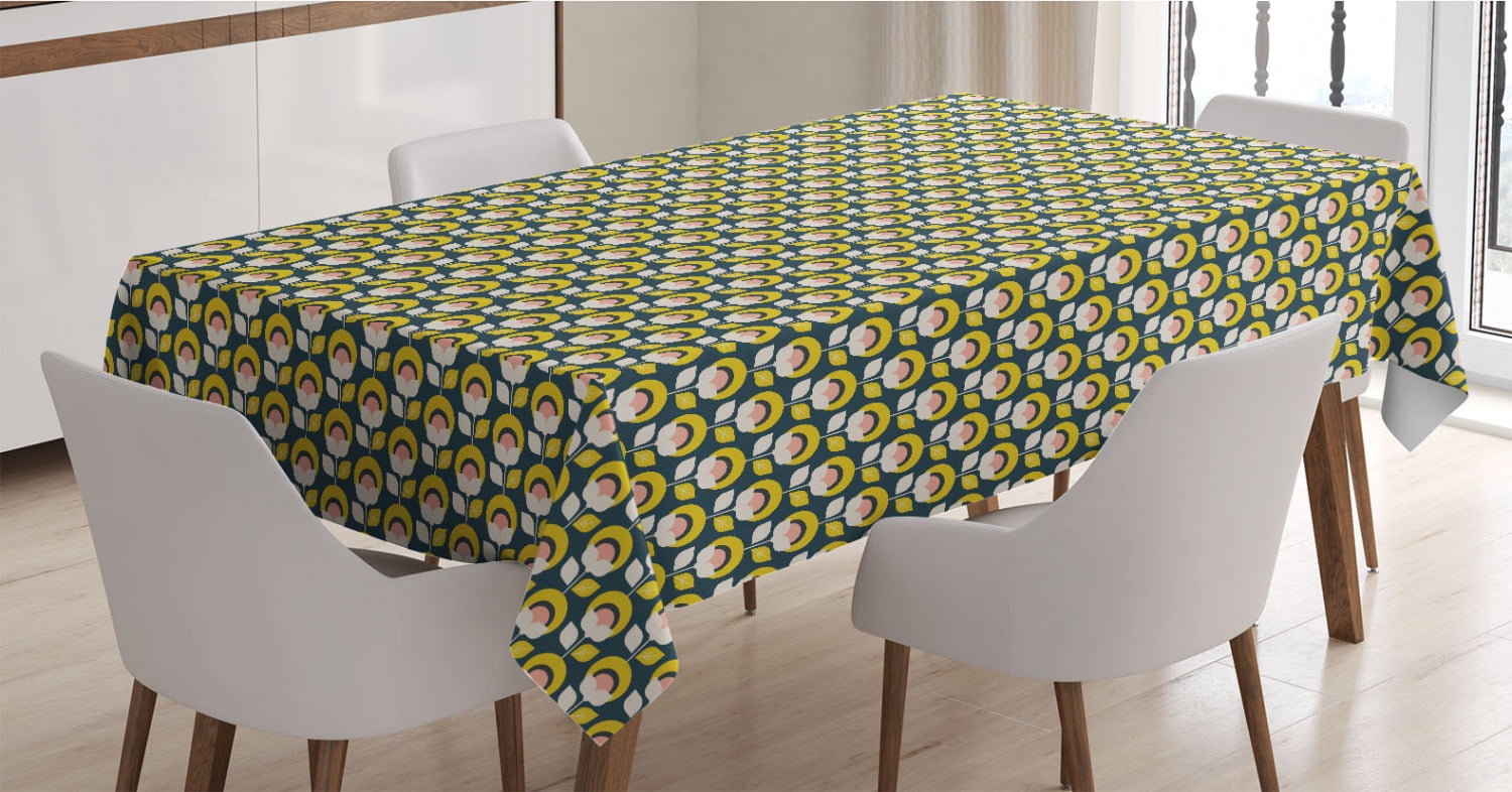 Abstract Tablecloth, Retro Layout of Geometric Flower Silhouettes ...