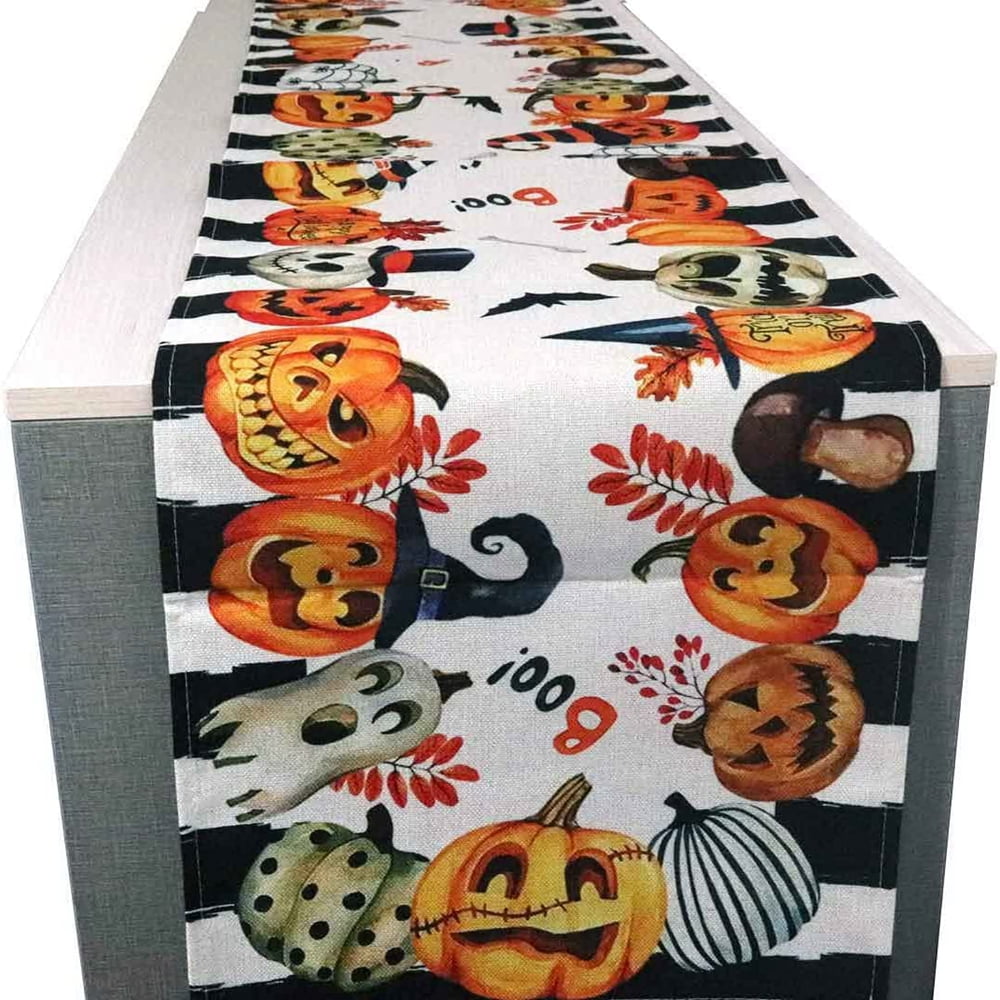 Halloween Table Runner, Watercolor Ghost Pumpkins Bone Boo Table Runner ...