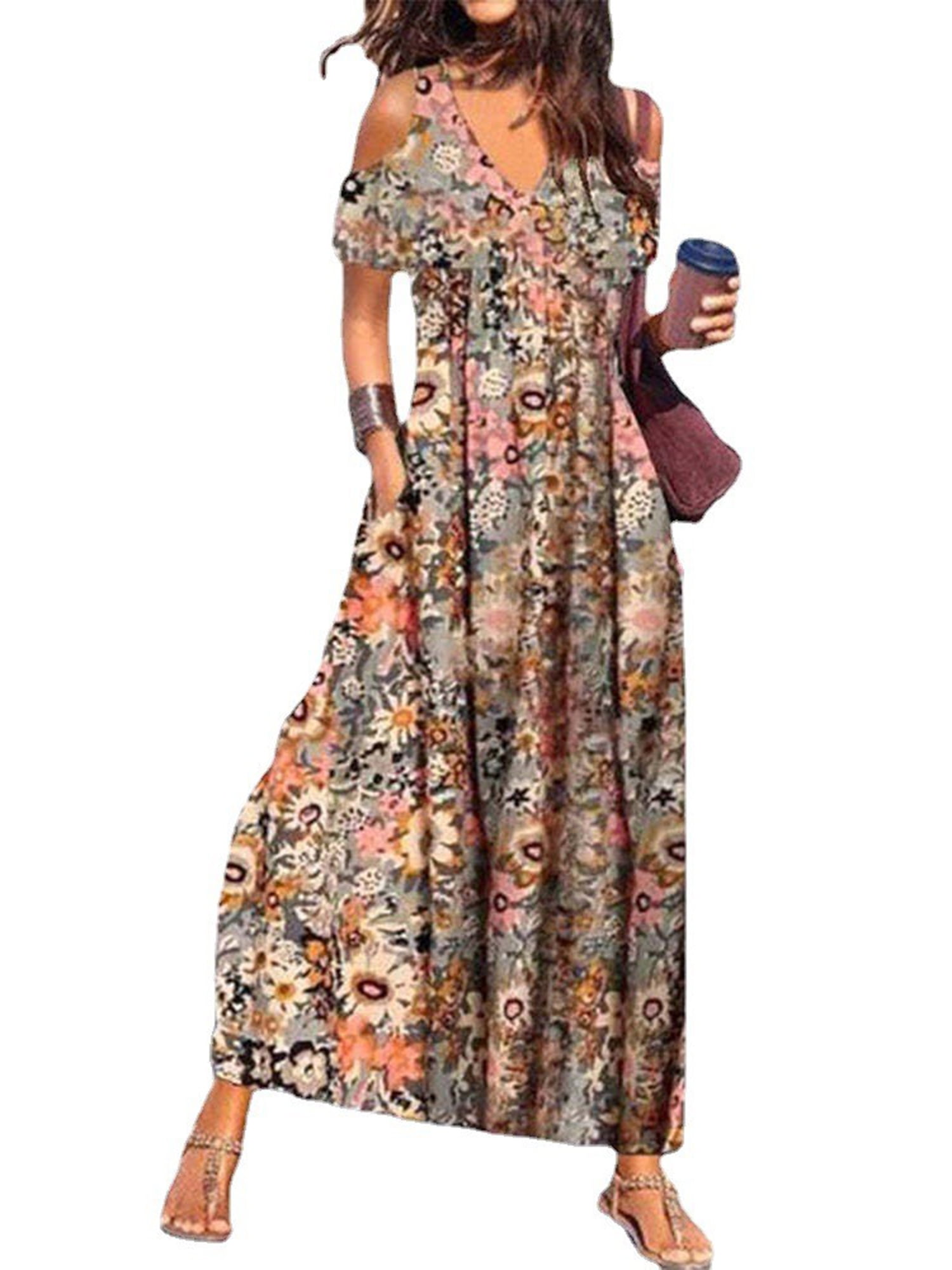 Pfysire Womens Long Maxi Dresses Cold Shoulder Ladies V Neck Casual ...