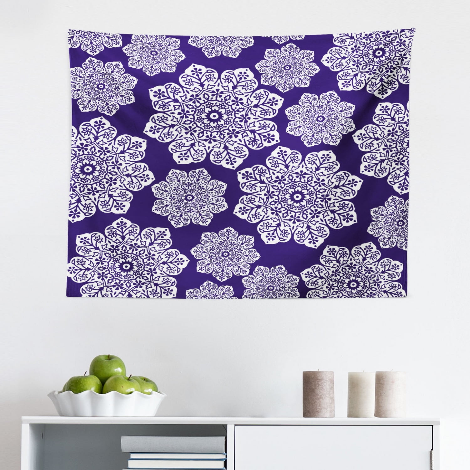 Navy Blue Tapestry, Tulip Bluebell Flower Pattern with Foliage Leaf ...