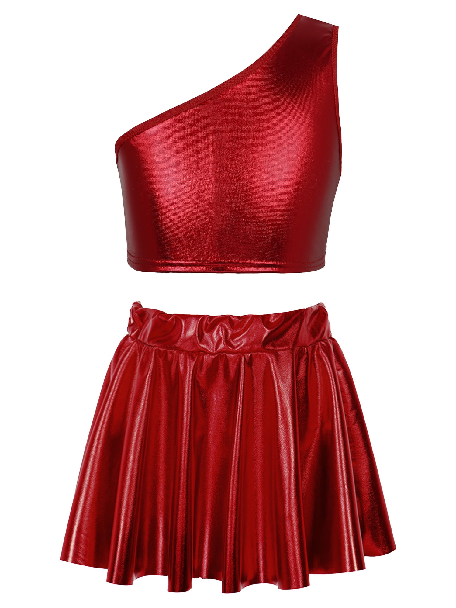 MSemis Girls Shiny Metallic Crop Top with Pleated Skirt,Size 3-14 Red 9 ...