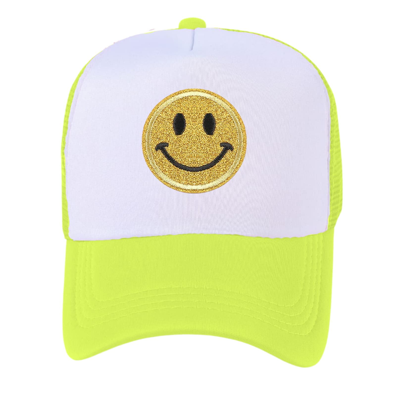 Yellow Glitter Smiley Face Trucker Hat,Adjustable Snapback Closure High ...