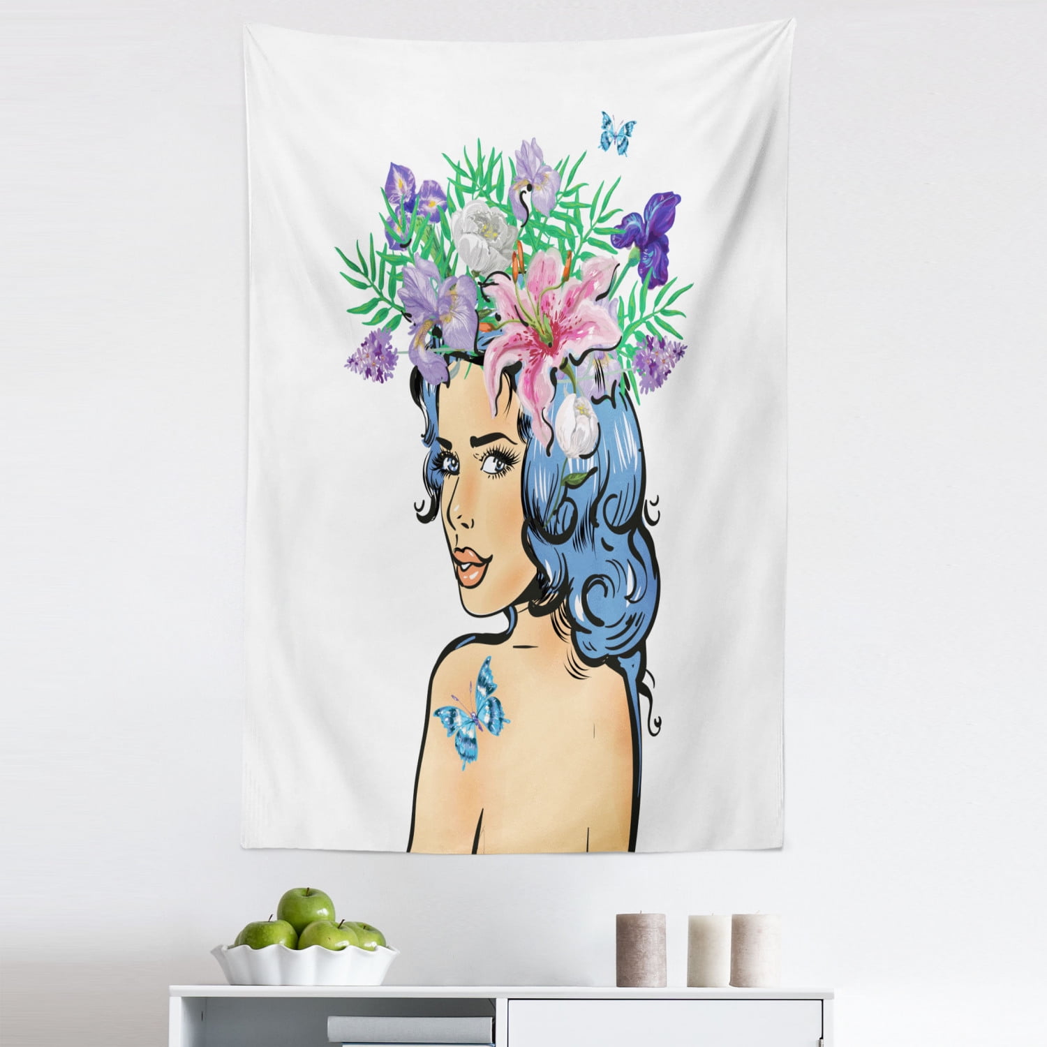 Flower Tapestry, Floral Head Woman with Hibiscus Plants Violets ...