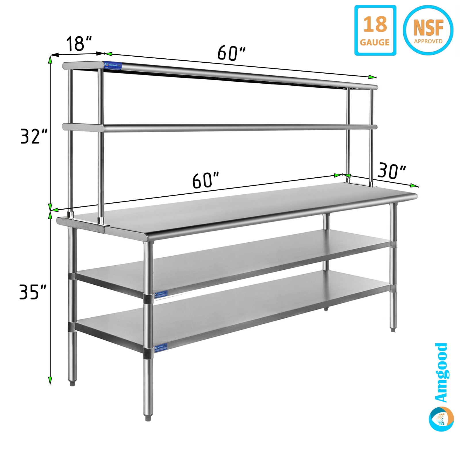 30" x 60" Stainless Steel Work Table With 2 Shelves | 18" Wide Double ...