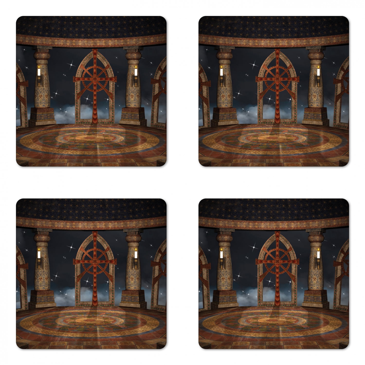 Medieval Coaster Set of 4, Gothic Building in the Sky Large Terrace ...