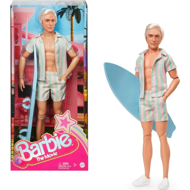 Barbie The Movie Ken Doll Wearing Pastel Pink and Green Striped Beach ...