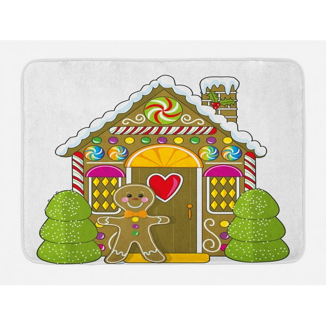 Gingerbread Man Bath Mat, Cute Gingerbread House with Colorful Candies ...