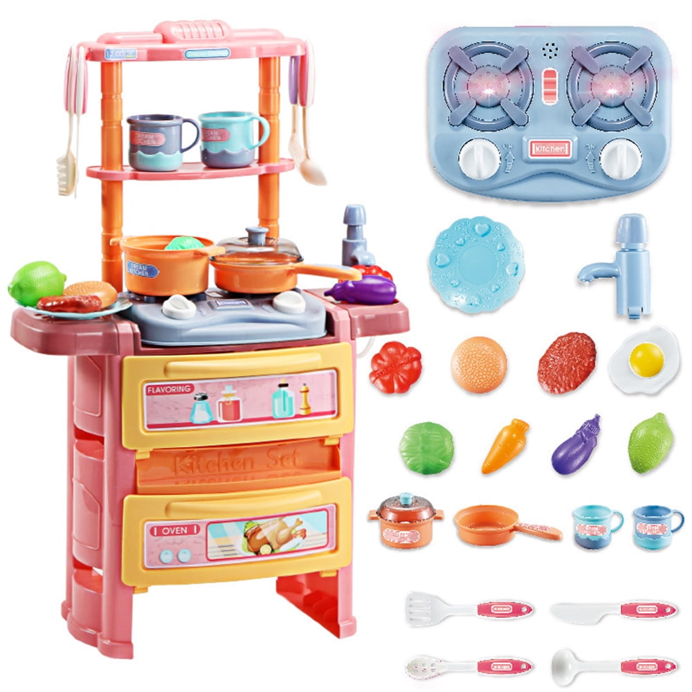 Tfixol Kitchen Set Pretend Play With Sound & Light Kitchen Toy Stove Pan Spoon Vegetable Fruit Accessories With Water System Children Cooking Playset