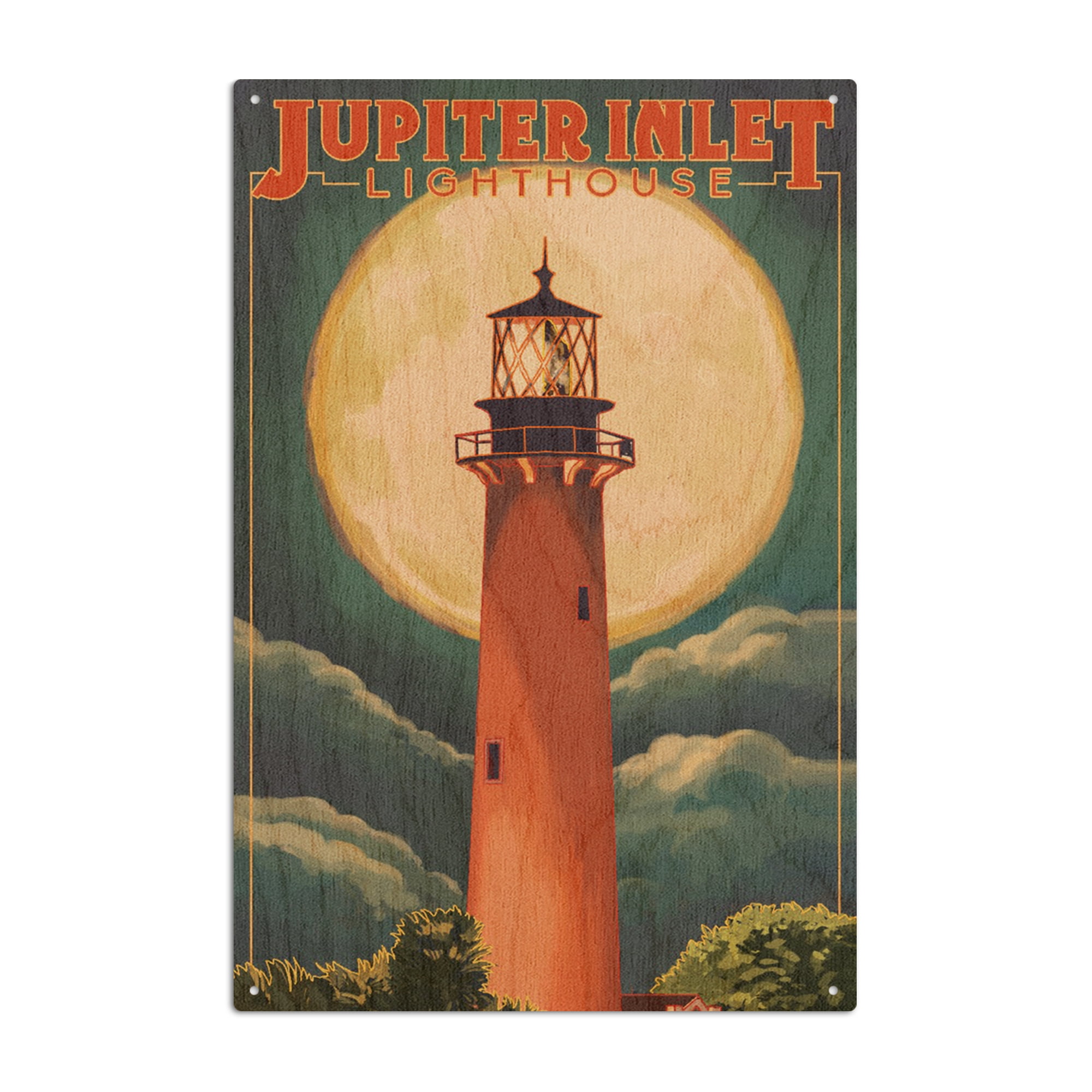 Jupiter, Florida, Jupiter Lighthouse and Moon Birch Wood Wall Sign (6x9 ...