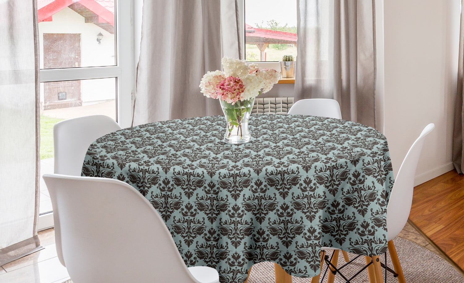 Damask Round Tablecloth, Damask Shapes Motif Western Modular Leaves and ...