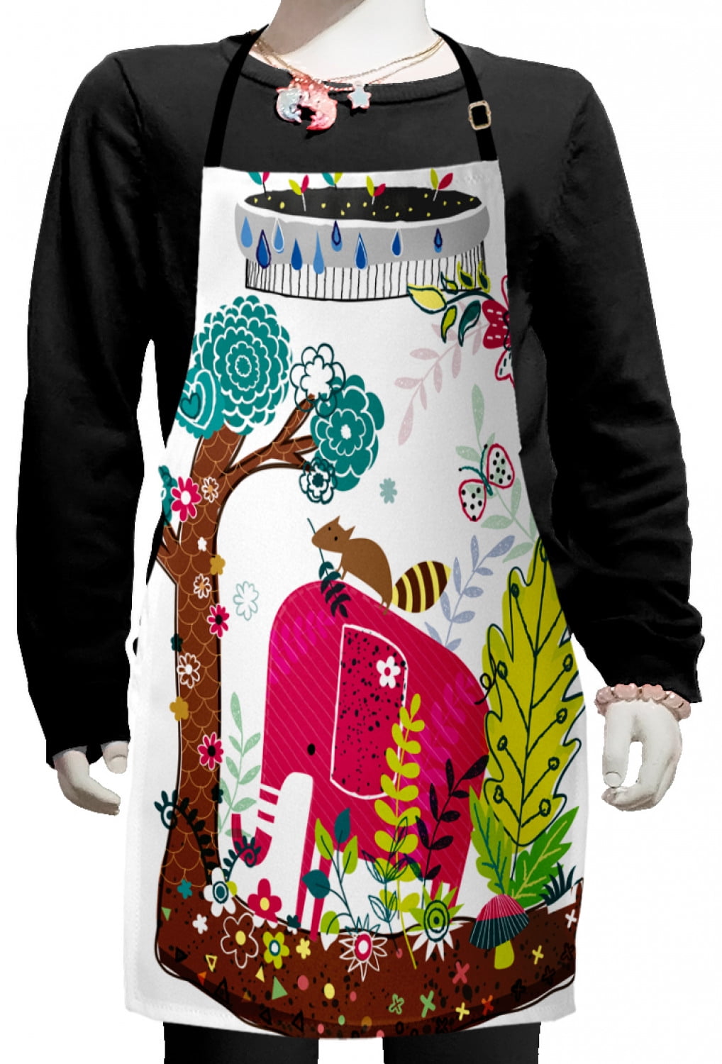 Animal Kids Apron, Colorful Handdrawn Animals Elephant Squirrel Tree ...