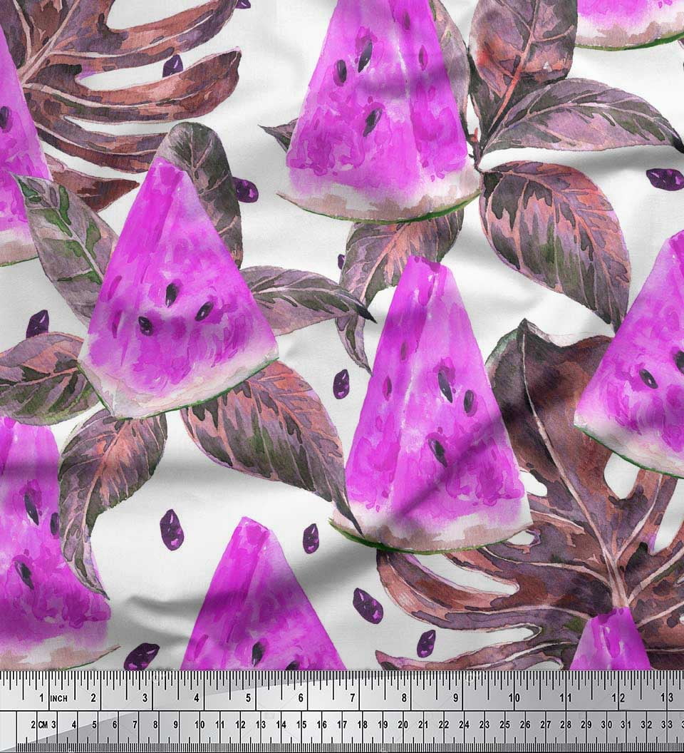 Soimoi Poly Georgette Fabric Monstera Leaves & Watermelon Fruits Print ...