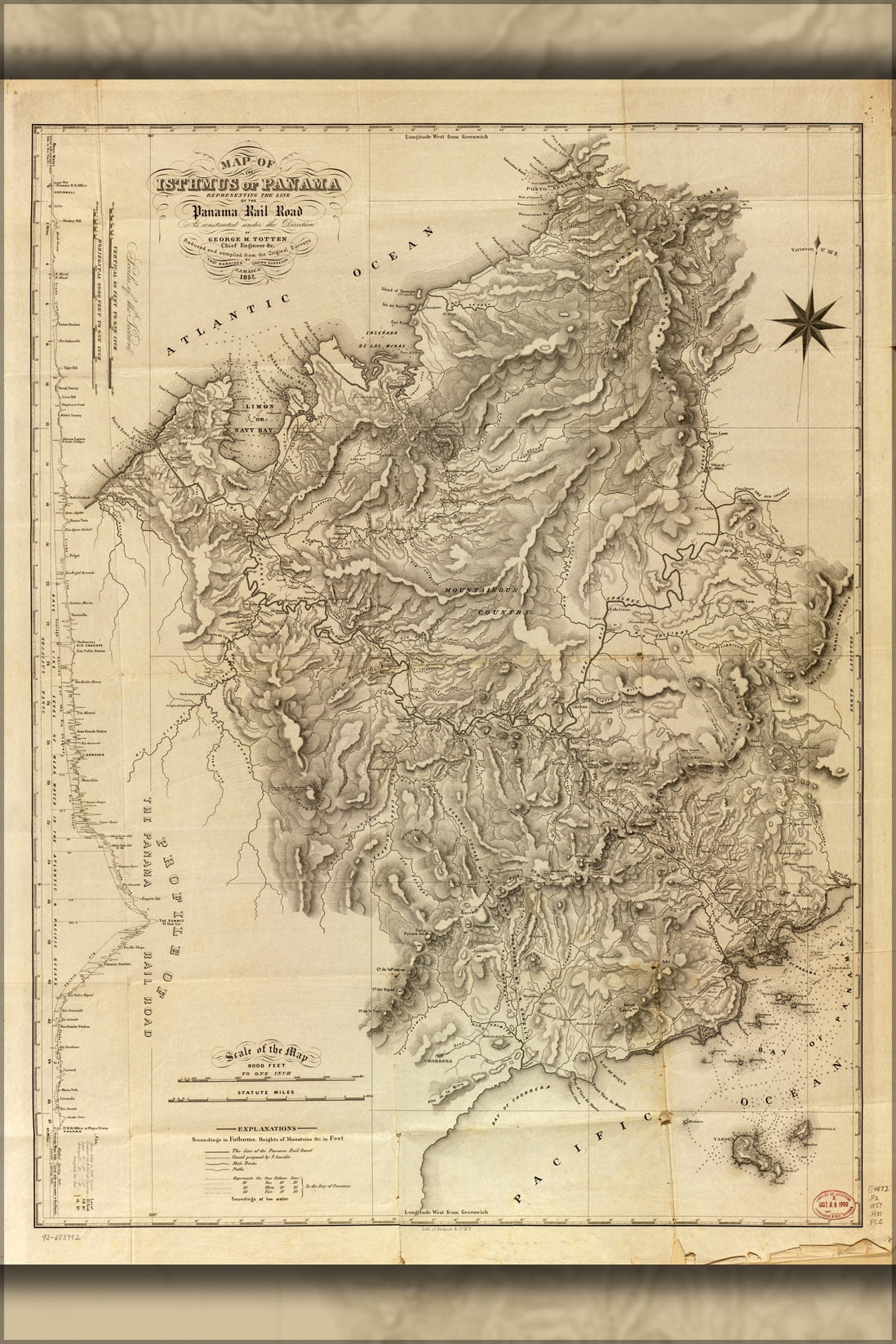 24"x36" Gallery Poster, Map of Panama showing Panama RailRoad 1857 ...