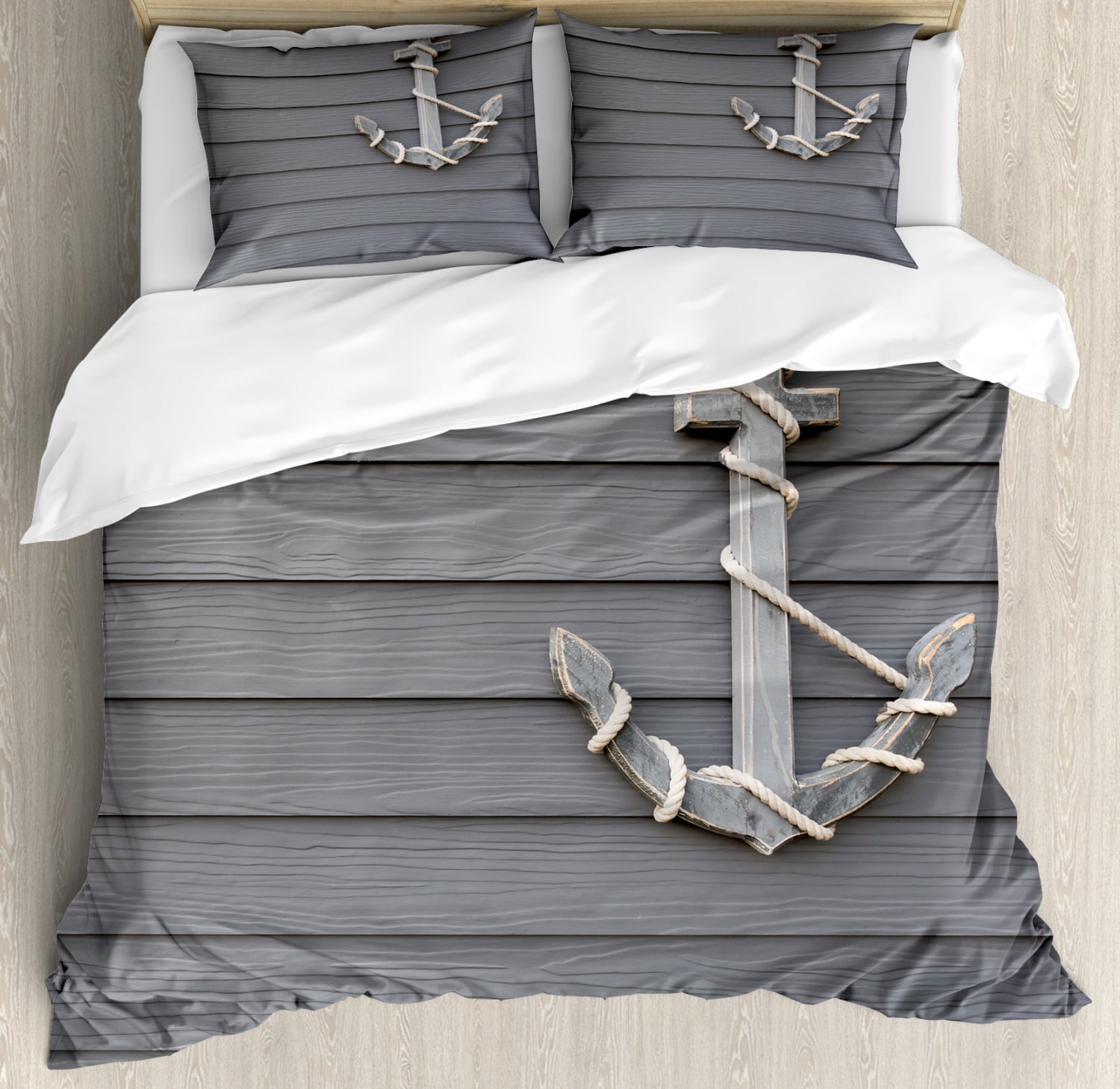 Anchor King Size Duvet Cover Set, Wooden Anchor with the Rope on the ...