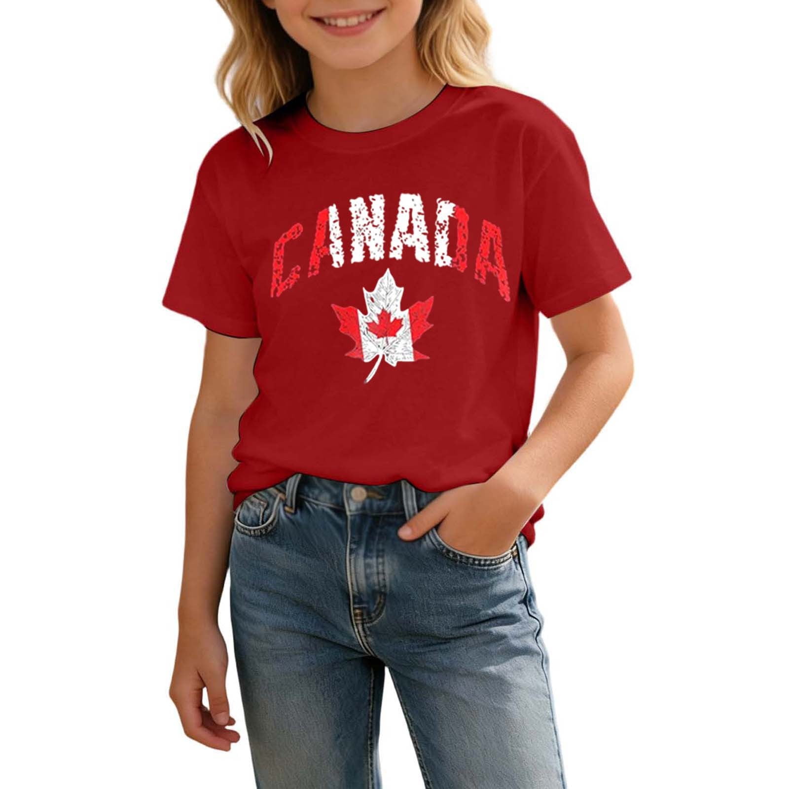 Canada Tshirt Girls Canadian Flag Maple Leaf Print Round Neck Short ...