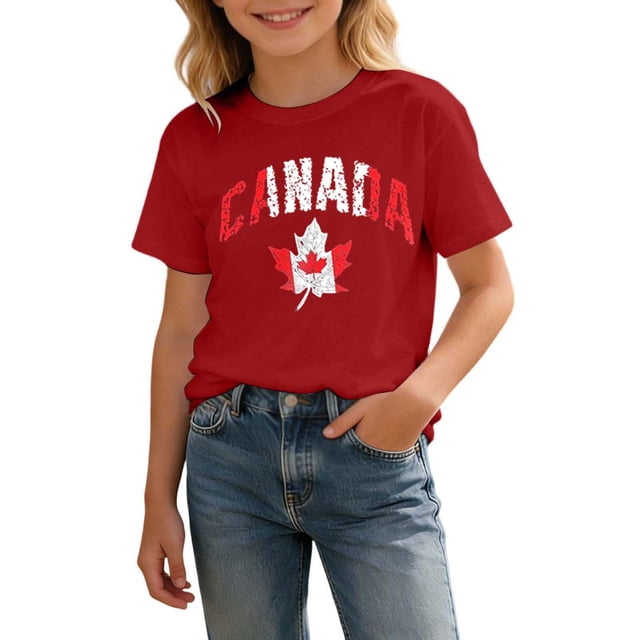 Canada Tshirt Girls Canadian Flag Maple Leaf Print Round Neck Short ...
